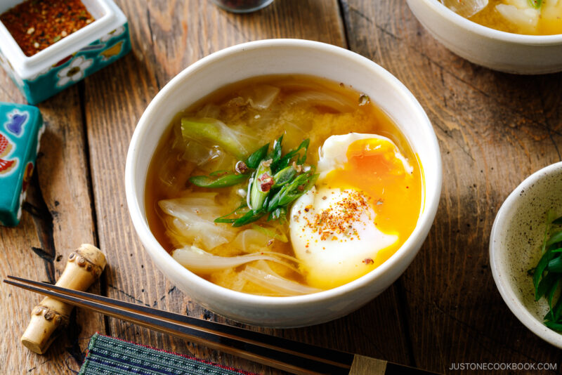 Cabbage and Onsen Tamago Miso Soup • Just One Cookbook